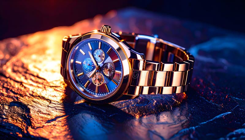 Elegant Gold Watch on Textured Slate with Warm Light Reflections Stock ...