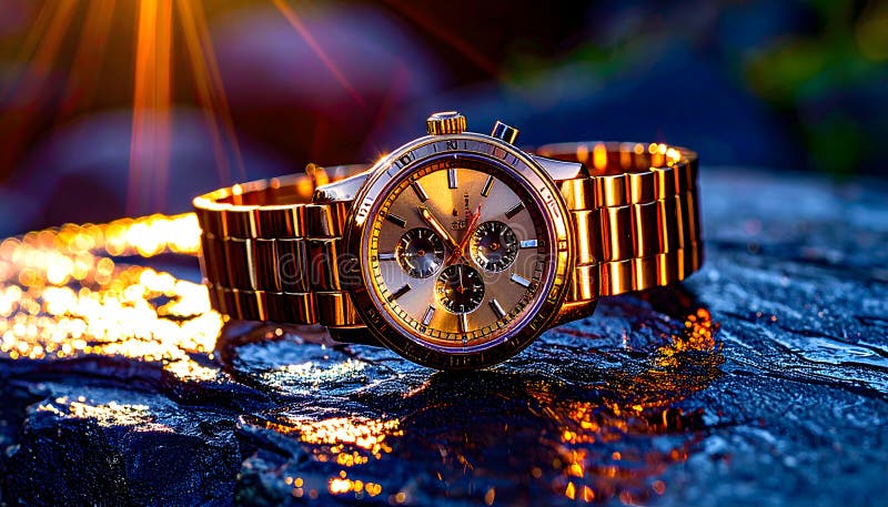 Elegant Gold Watch on Textured Slate with Warm Light Reflections Stock ...