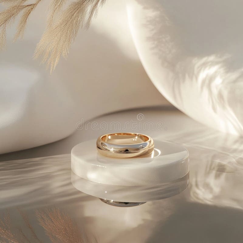 Elegant Gold Wedding Ring on Reflective Surface with Soft Shadows Stock ...
