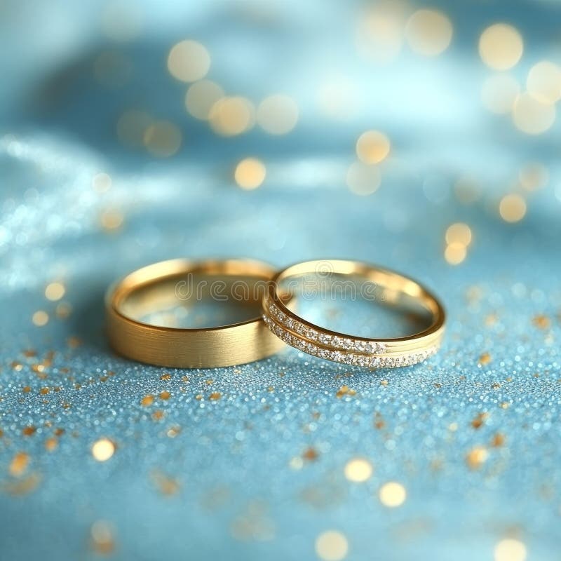Elegant Gold Wedding Rings on Shimmering Blue, Symbolizing Love and ...