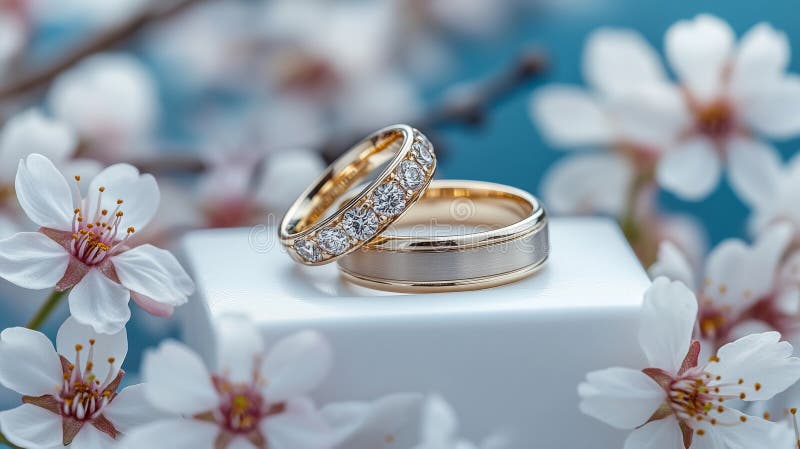 Elegant Gold Wedding Rings Surrounded by Spring Blossoms on a White Box ...