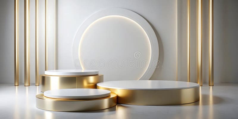Elegant Gold and White Circular Display Platforms with Backlit Oval ...