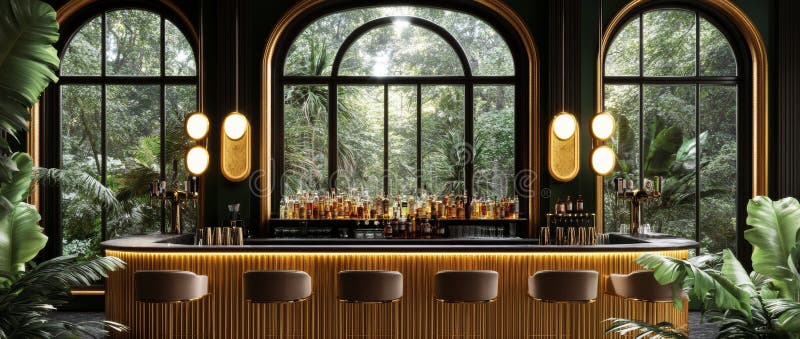 Elegant Golden Bar Interior Featuring Cityscape Art Stock Photo - Image ...