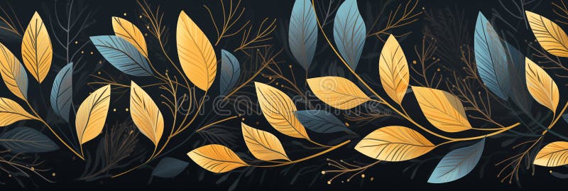 Elegant Golden and Blue Leaf Banner on Black Background. Panoramic Web ...