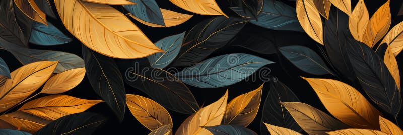 Elegant Golden and Blue Leaf Banner on Black Background. Panoramic Web ...