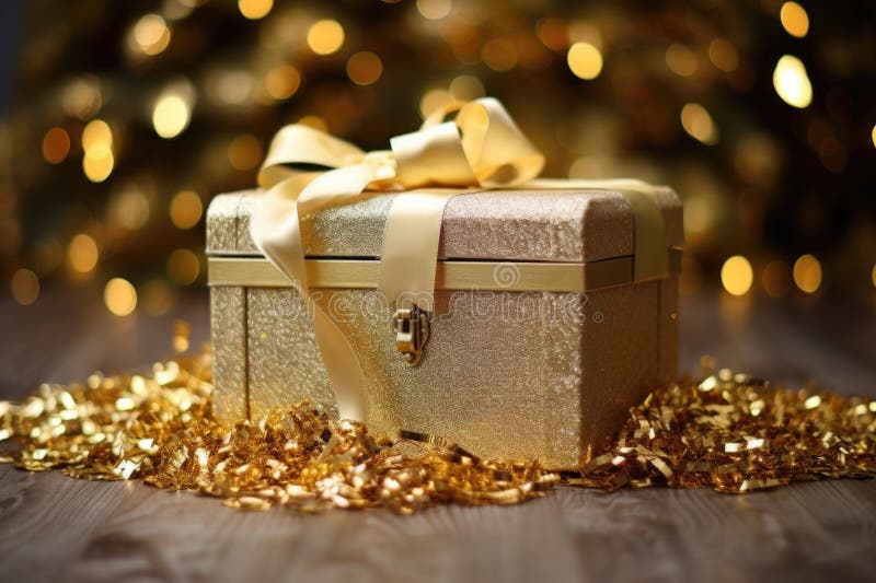 Elegant Golden Box Overflowing with Tinsel Stock Illustration ...