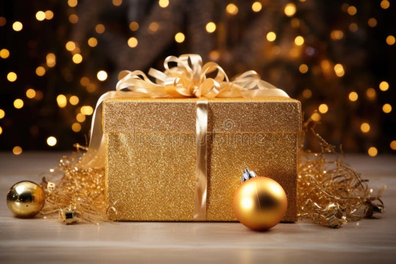 Elegant Golden Box Overflowing with Tinsel Stock Image - Image of shiny ...