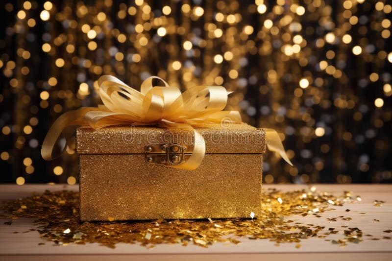 Elegant Golden Box Overflowing with Tinsel Stock Image - Image of ...
