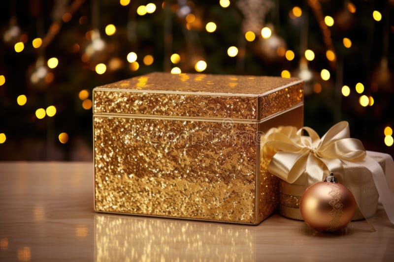 Elegant Golden Box Overflowing with Tinsel Stock Photo - Image of ...