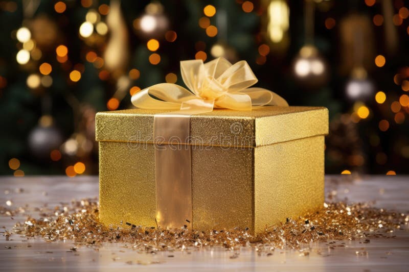 Elegant Golden Box Overflowing with Tinsel Stock Photo - Image of ...