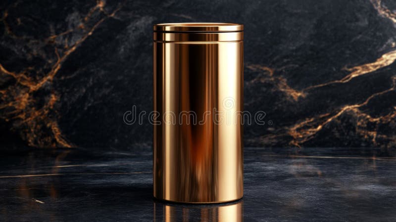 Elegant Golden Cylinder Container with Smooth Surface on Dark Marble ...