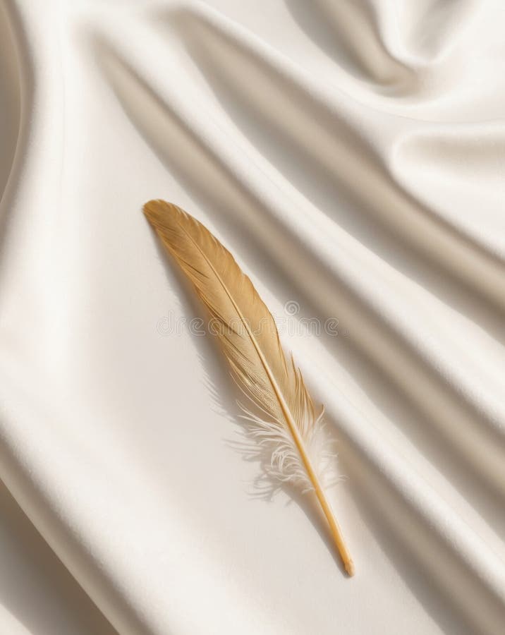 Elegant Golden Feather on Silky Fabric Background. Stock Photo - Image ...
