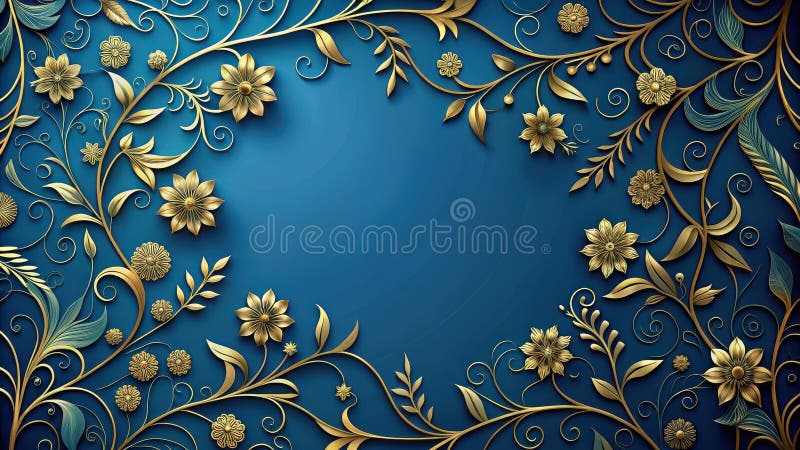 Elegant Golden Floral Frame on Deep Blue Background. Generative AI Stock Illustration ...
