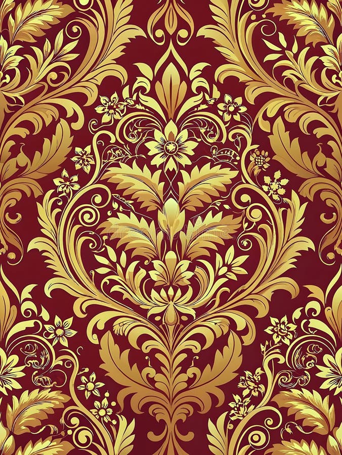 Elegant Golden Floral Pattern on Red Background Stock Illustration ...