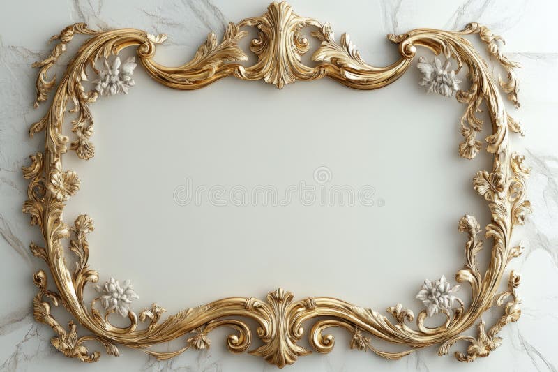 Elegant Golden Frame with Rococo Decorations on a White Marble Wall ...