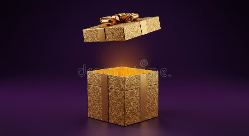 Elegant Golden Gift Box with Glowing Open Lid and Intricate Decorative ...