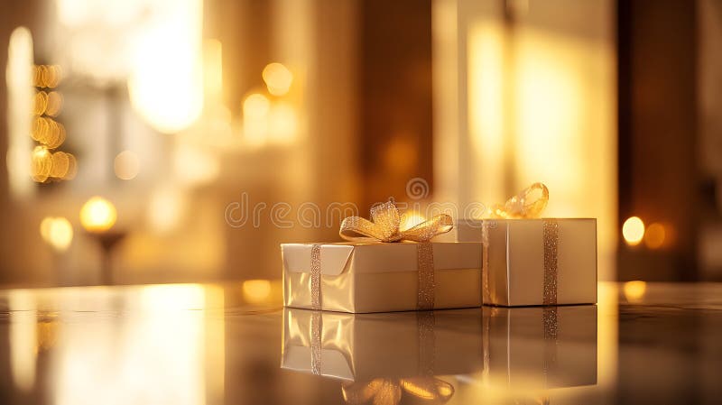 Elegant Golden Gift Boxes with Bows on Reflective Surface in Warm Light ...