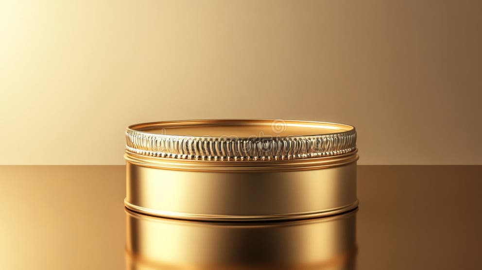 Elegant Golden Metal Container on Reflective Gold Surface in Studio ...