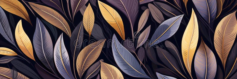 Elegant Golden and Purple Leaf Banner on Black Background. Panoramic ...