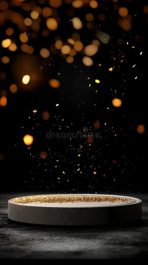Elegant Golden Sparkles Floating Above Circular Platform on Black ...