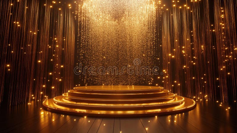 Elegant Golden Stage with Sparkling Lights and Curtains in Luxurious ...