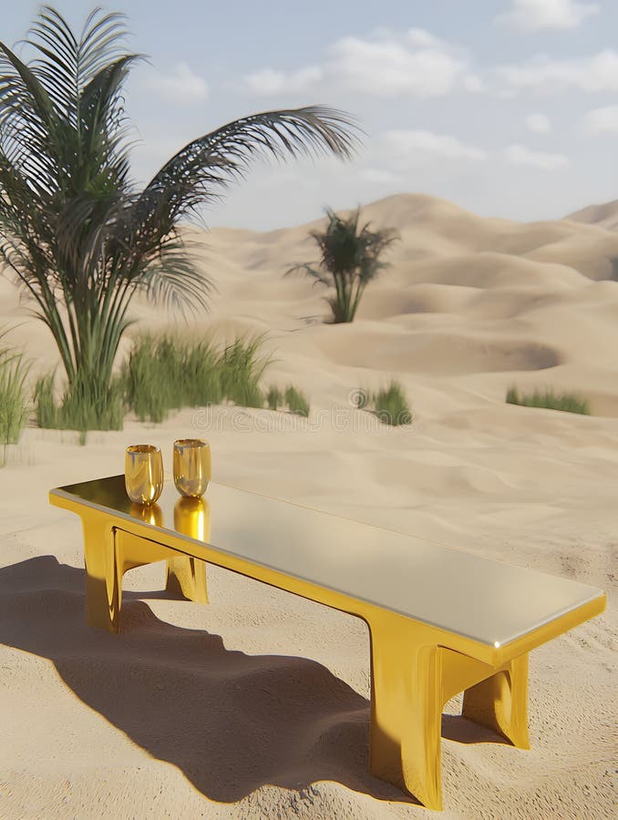 Elegant Golden Table in a Serene Desert Setting Stock Illustration ...