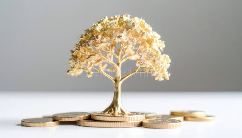 Elegant Golden Tree Growing from Single Coin with Coins Around it Stock ...