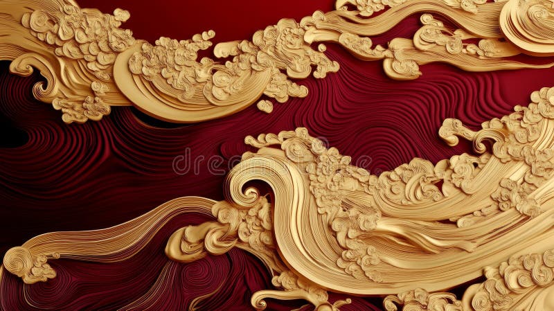 Elegant Golden Waves Flowing on a Deep Red Background with Intricate ...