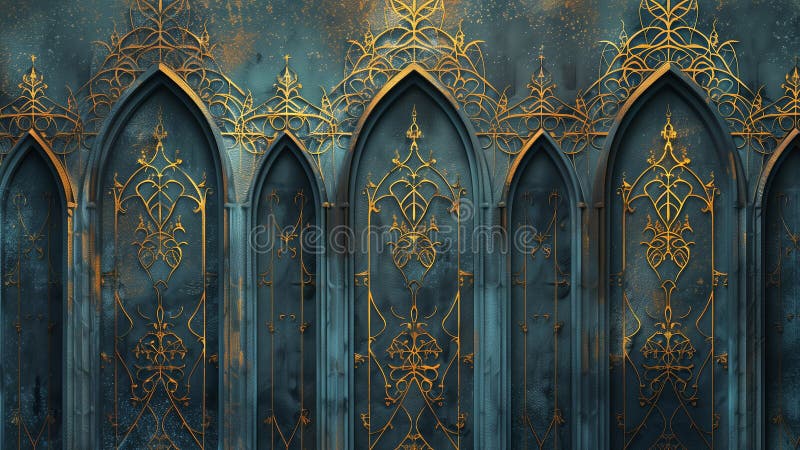 Elegant Gothic Arch Patterns in Gold on a Dark Blue Background ...