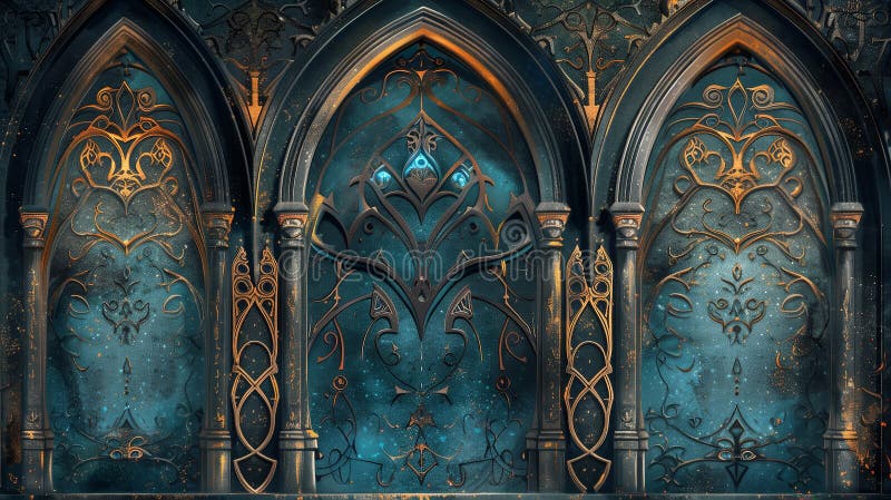 Elegant Gothic Arch Patterns in Gold on a Dark Blue Background ...