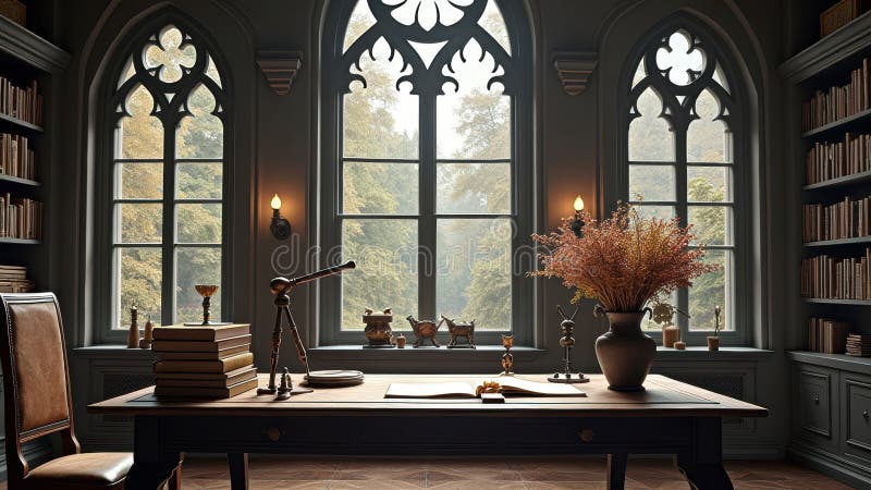 Elegant Gothic Home Library with Vintage Decor and Large Windows ...