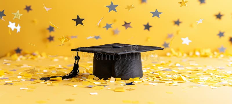 Elegant Graduation Cap Surrounded by Shimmering Confetti and Stars ...
