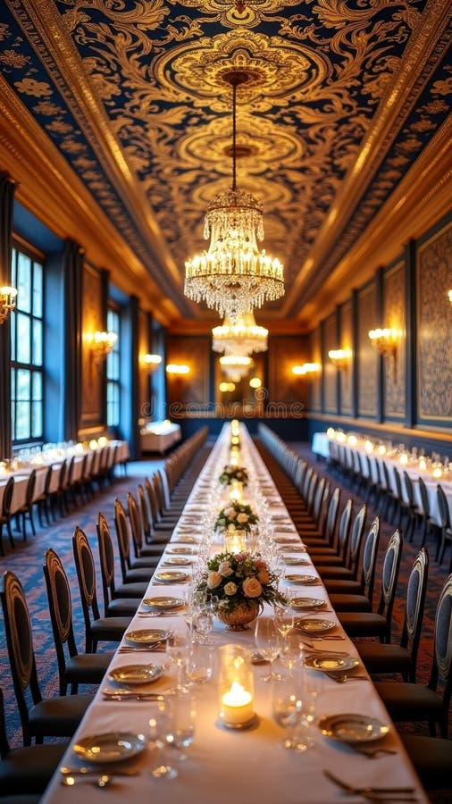 Elegant Grand Dining Hall with Lavish Decor and Ornate Chandeliers ...
