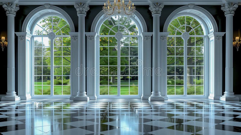 Elegant Grand Hall with Arched Windows and Checkered Marble Floor Stock ...