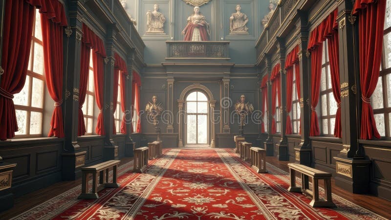 Elegant Grand Hallway with Red Curtains and Statues Stock Photo - Image ...