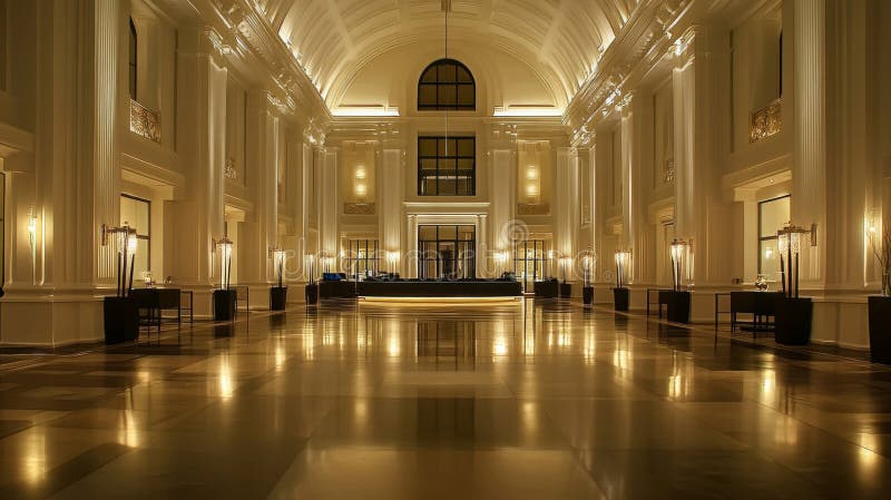 Elegant Grand Hotel Lobby Interior Design at Night Stock Illustration ...