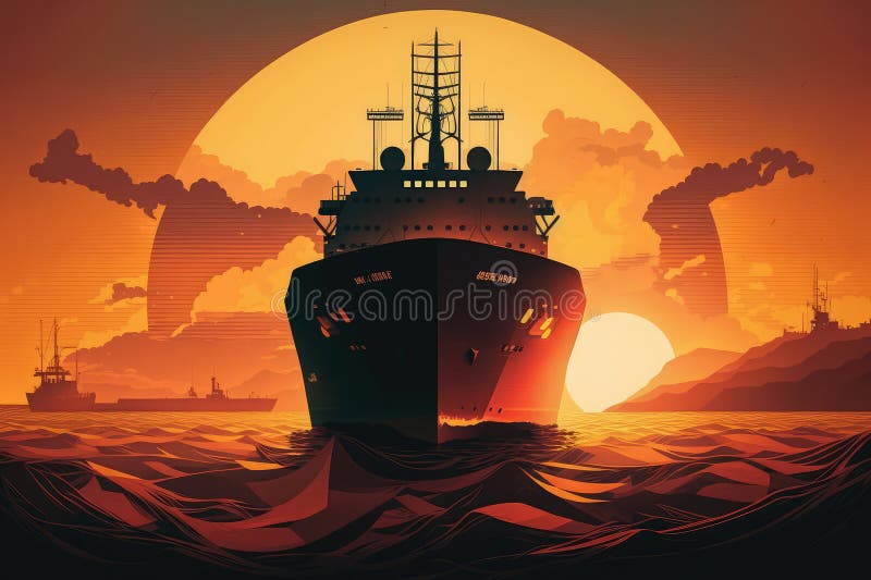 Elegant Graphic Design of a Cargo Ship with a Sunset in the Background ...
