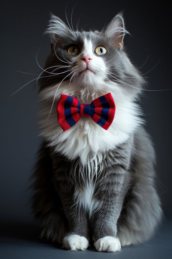 Elegant Gray Cat Wearing Red and Blue Bowtie, Studio Portrait Stock ...
