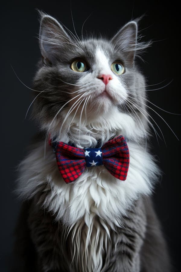 Elegant Gray Cat Wearing Red and Blue Bowtie, Studio Portrait Stock ...