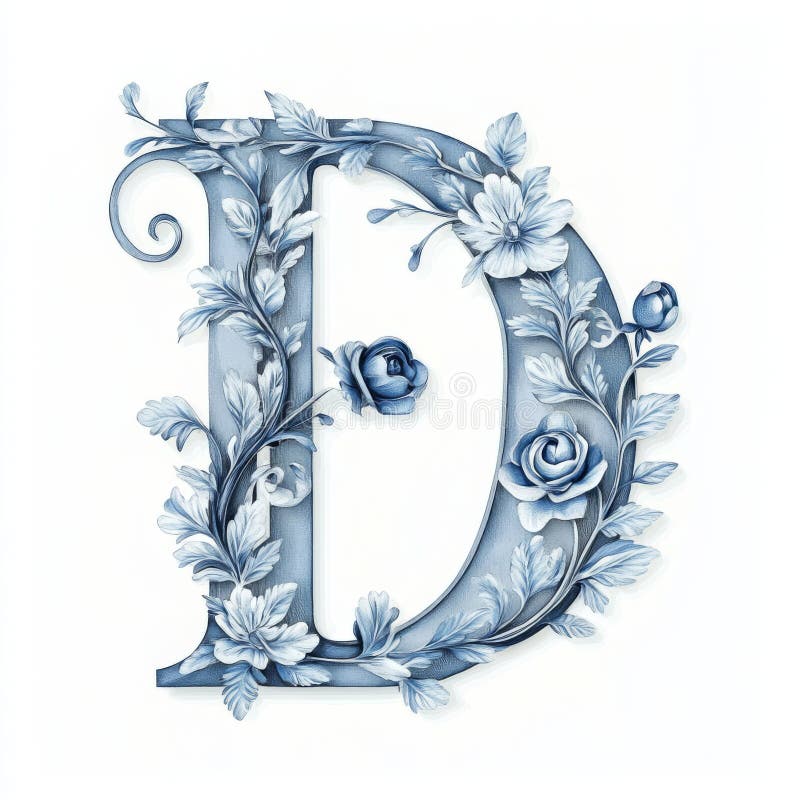 Elegant Gray Letter "D" with Blue Floral Design Stock Illustration ...
