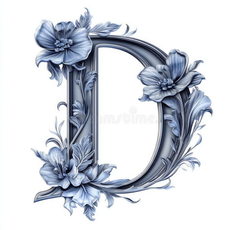 Elegant Gray Letter "D" with Blue Floral Design Stock Illustration ...