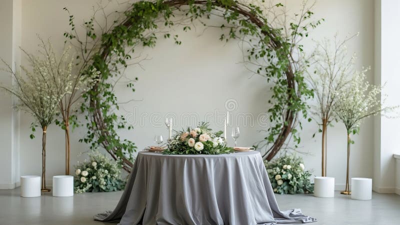 Elegant Gray Table Setting for Two with Floral Arch and Greenery ...