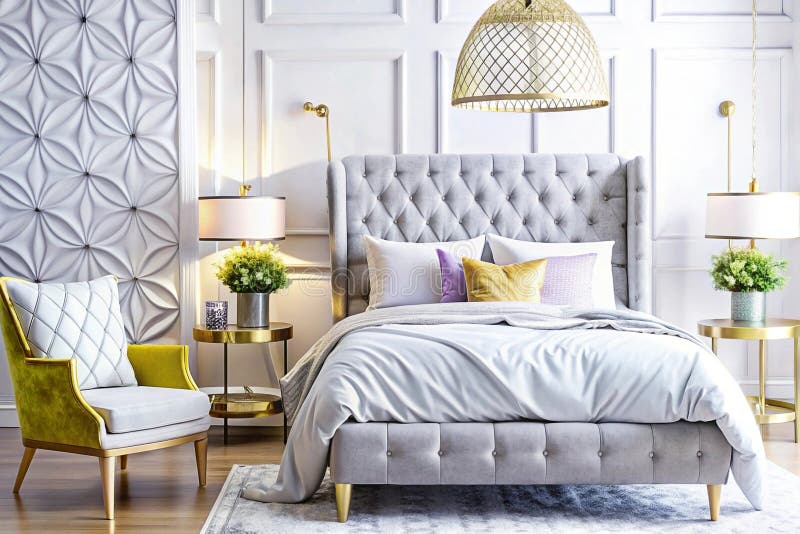 Elegant Gray Upholstered Bed in Luxurious Bedroom Interior Stock Photo ...