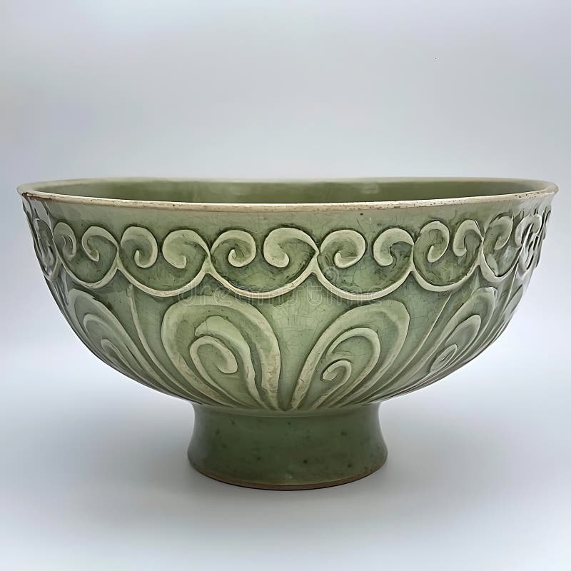 Elegant Green Ceramic Bowl with Intricate Scrollwork Design Stock ...