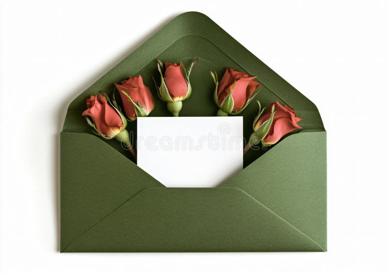 Elegant Green Envelope with Red Roses and Blank Card High Quality Image ...