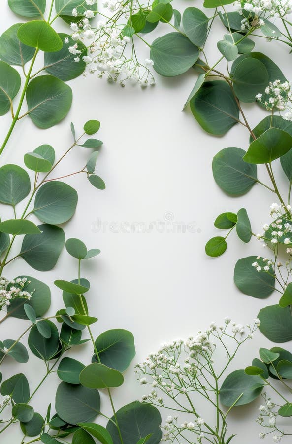 Elegant of Green Eucalyptus Leaves with Delicate White Flowers on White ...