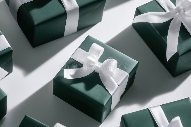 Elegant Green Gift Boxes with White Ribbons Under Soft Lighting Stock ...