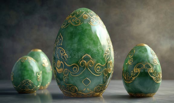 Elegant Green Jade Eggs with Intricate Gold Patterns on a Reflective Surface Stock Image - Image ...