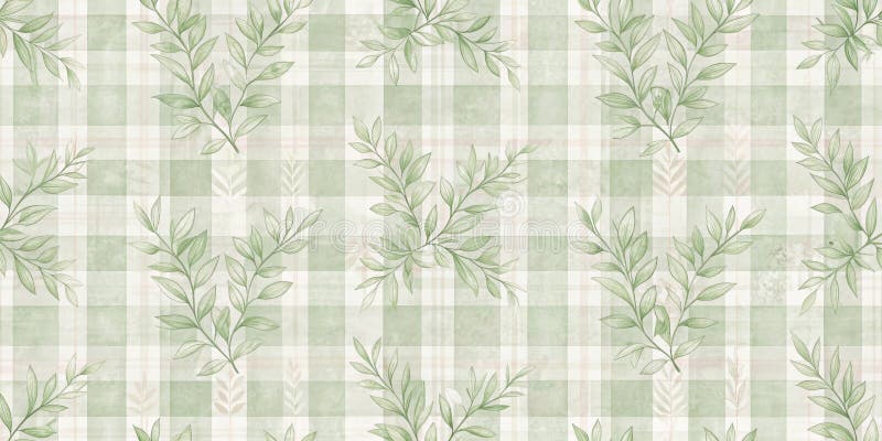 Elegant Green Leaf Pattern on a Gingham Background Ideal for Fabric ...