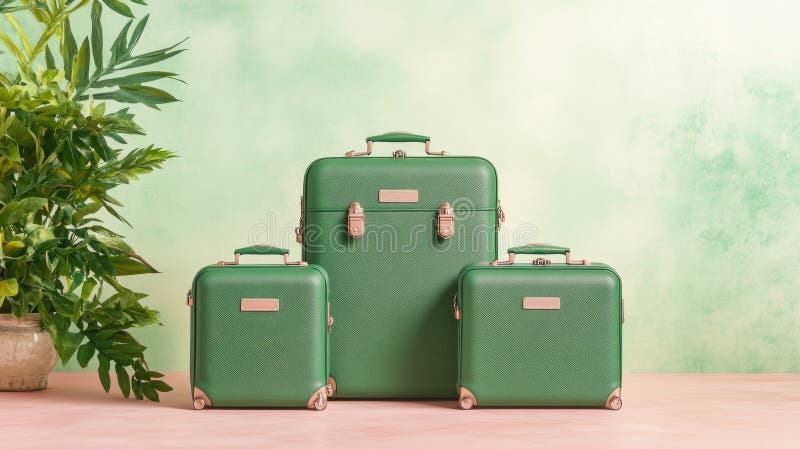 Elegant Green Luggage Set with Three Suitcases and Plant Backdrop Stock ...